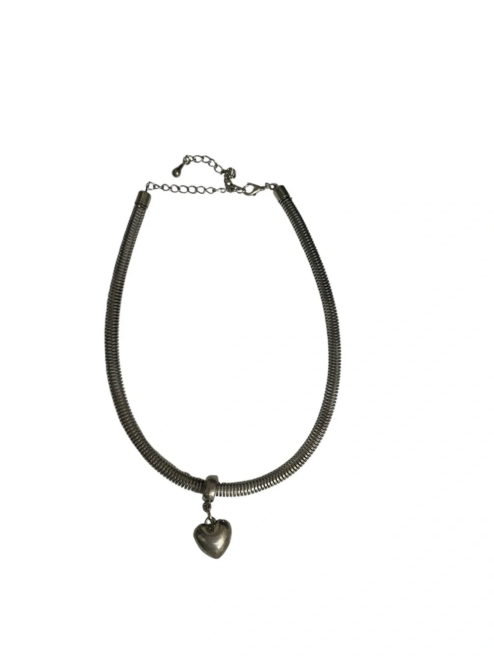 Jewelry | Silvertone Puffy Heart Necklace With Snake Coil Chain | Poshmark